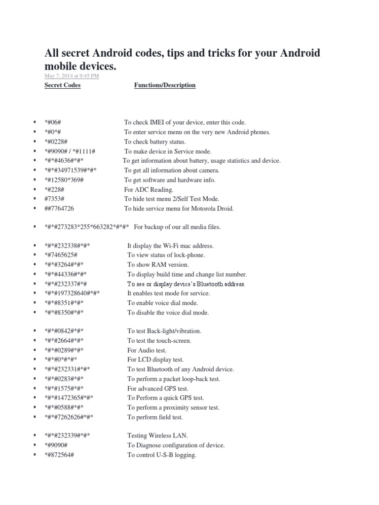 All Secret Android Codes | PDF | Android (Operating System) | Bluetooth