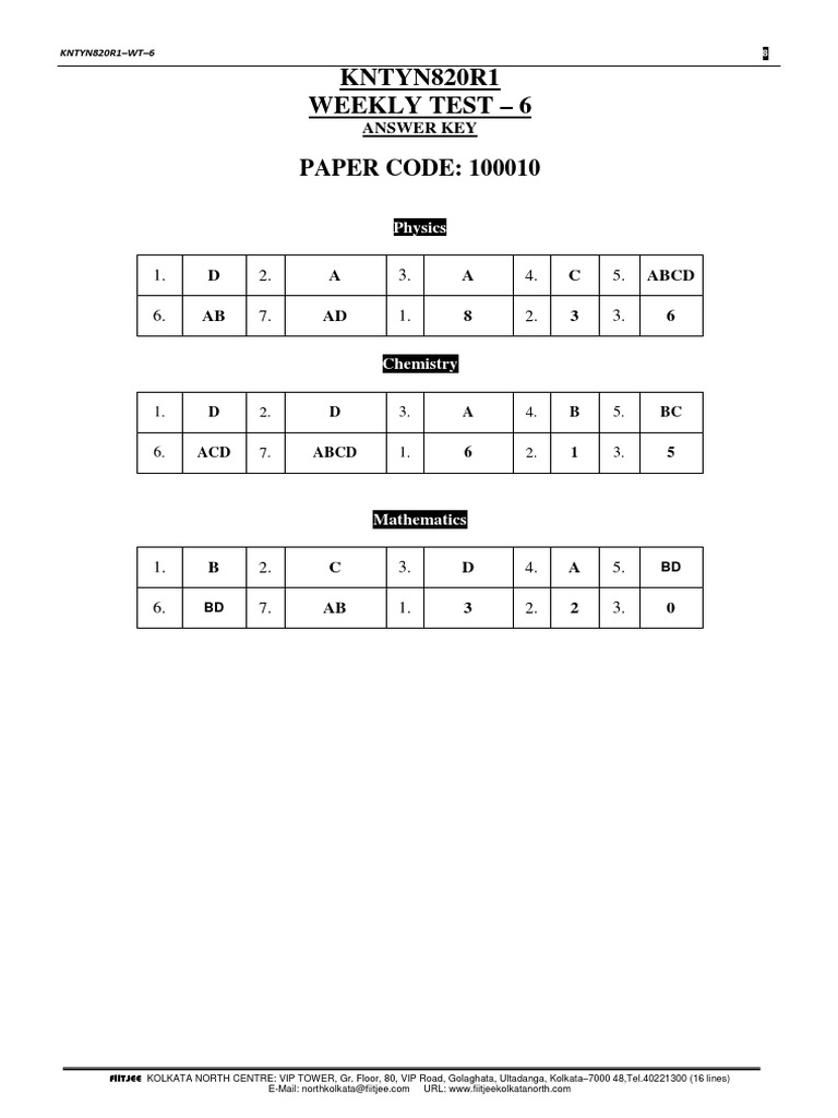KNTYN820R1 Weekly Test - 6: PAPER CODE: 100010 | PDF
