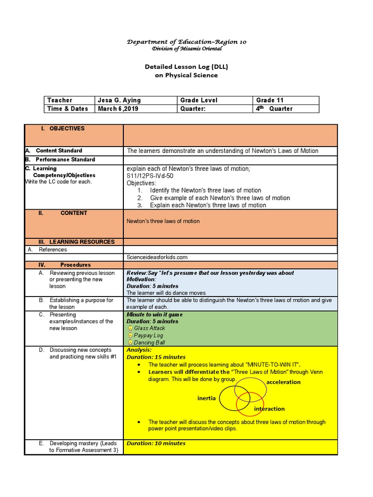 Lesson Plan Sample | PDF | Newton's Laws Of Motion | Learning