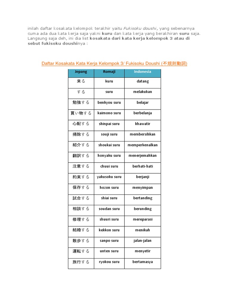 Daftar Kosakata Kata Kerja Kelompok 3 Bahasa Jepang Fukisoku Doushi (不規則動詞) | PDF