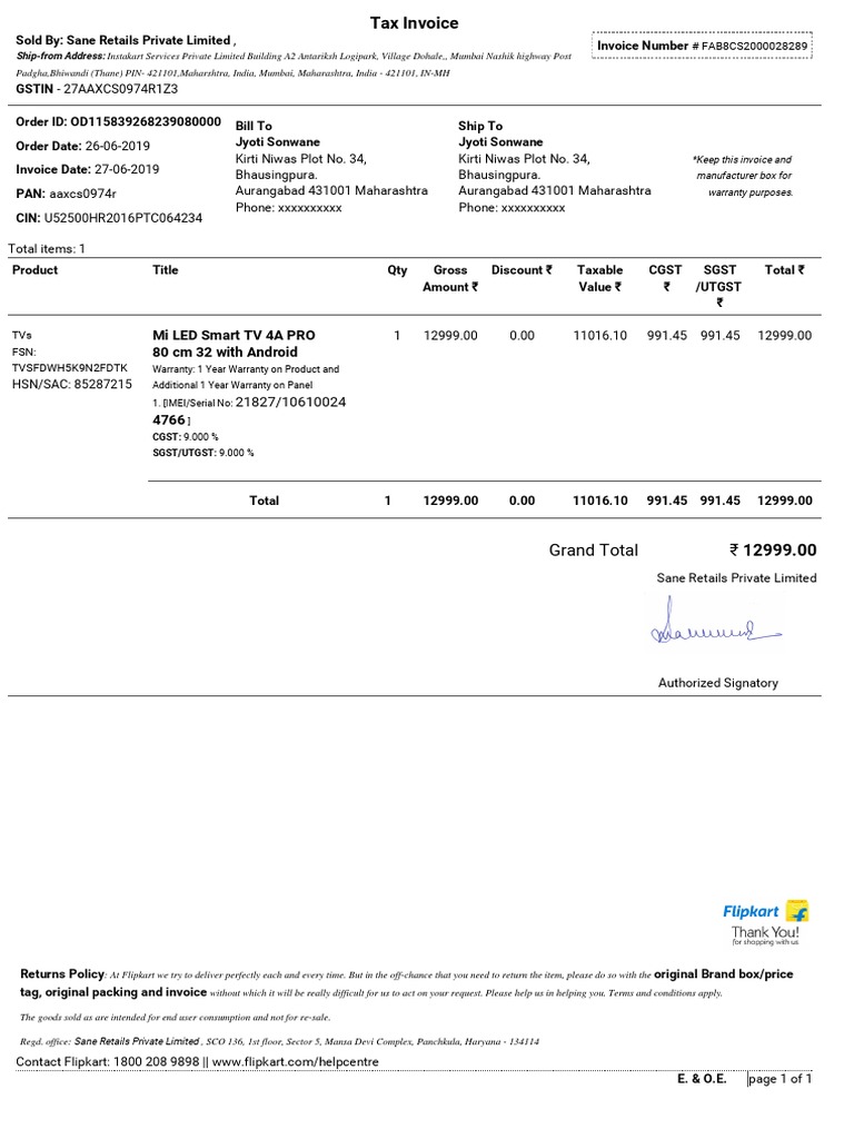 Mi LED TV 4A PRO Invoice Details | PDF | Economies | Business