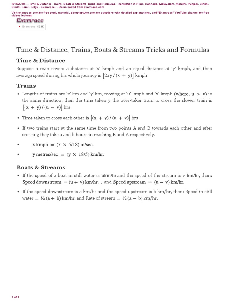 Formulas For Time Distance Trains Boats and Streams | PDF