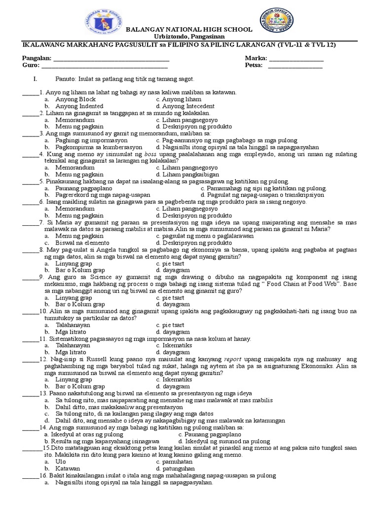 Filipino Sa Piling Larangan - 1st Quarter Exam