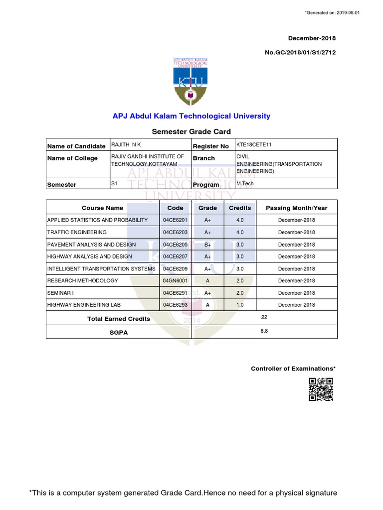 APJ Abdul Kalam Technological University: Semester Grade Card | PDF