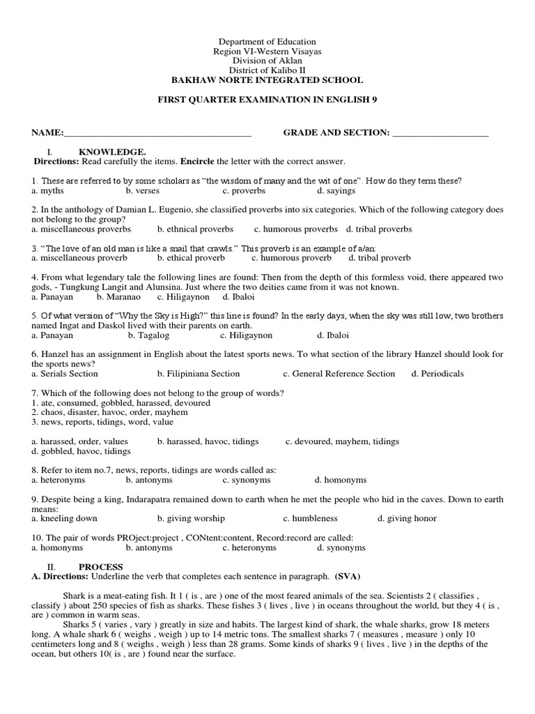 1st Quarter Exam In English Grade 7 PDF Book Of Proverbs