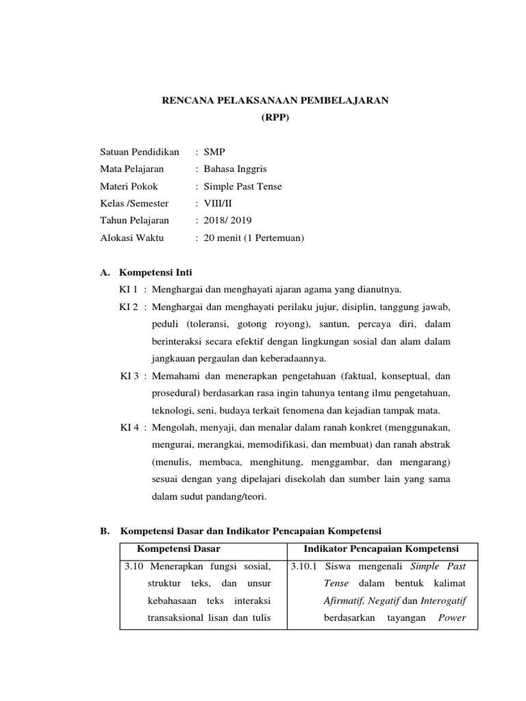 Contoh RPP Simple Past Tense | PDF