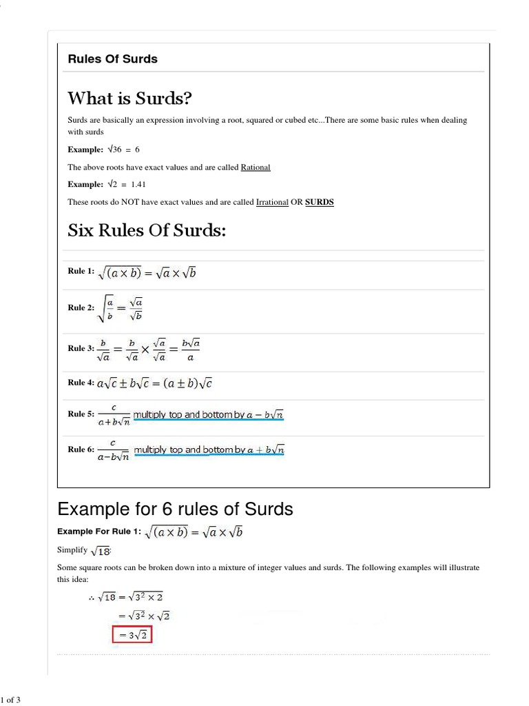 What Is Surds?: Example For 6 Rules of Surds | PDF | Fraction ...