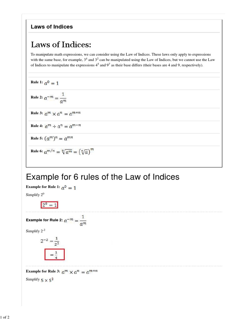 Laws of Indices:: Example For 6 Rules of The Law of Indices | PDF