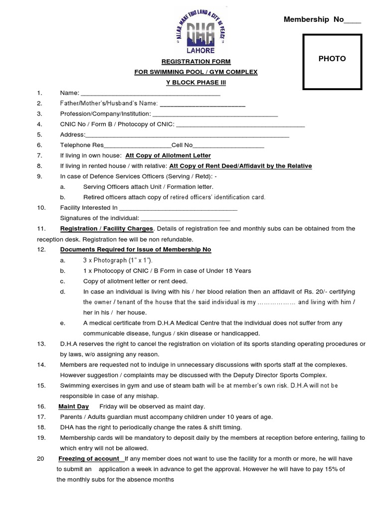 Registration Form For Swimming Pool / Gym Complex Y Block Phase LLL ...