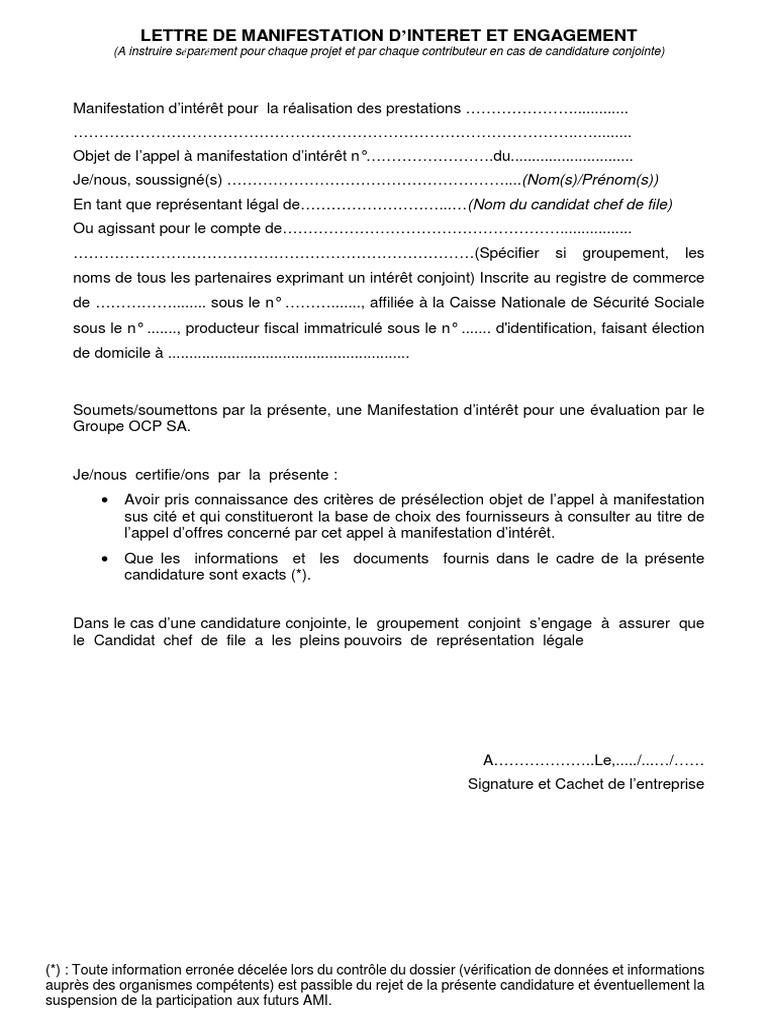 Lettre de Manifestation D - Interet Et Engagement | PDF | Affaires | Finance et gestion monétaire