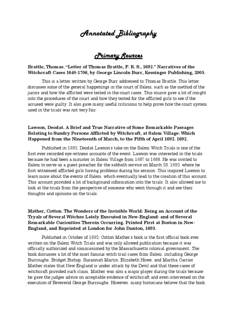 Primary Sources of Salem Witch Trials | PDF | Witch Trials | Early ...