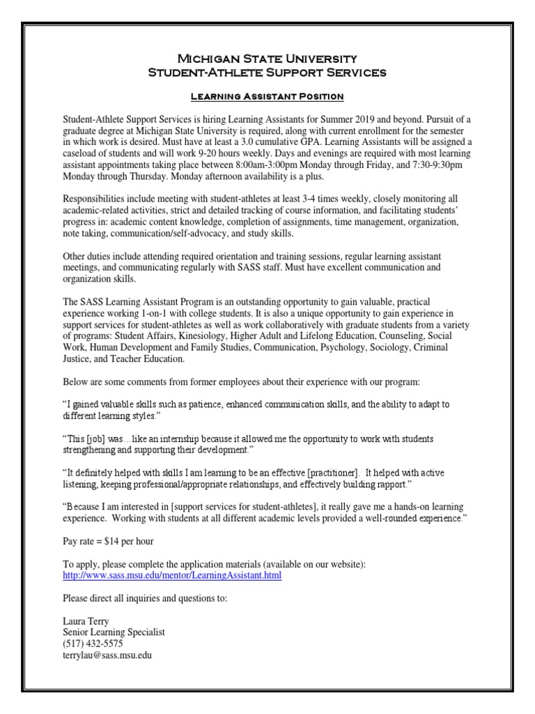 Learning Assistant Job Opportunity at MSU | PDF | Michigan State ...
