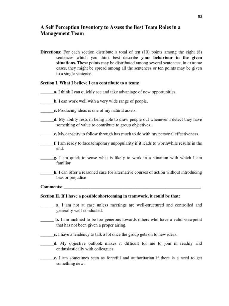 A Self Perception Inventory To Assess The Best Team Roles in A ...