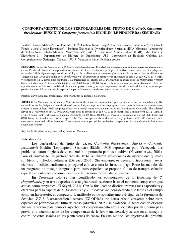 COMPORTAMIENTO DE LOS PERFORADORES DEL FRUTO DE CACAO, Carmenta ...