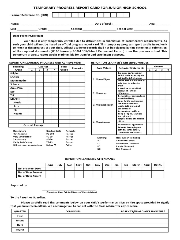 Temporary Progress Report Card For Junior High School | PDF | Learning ...