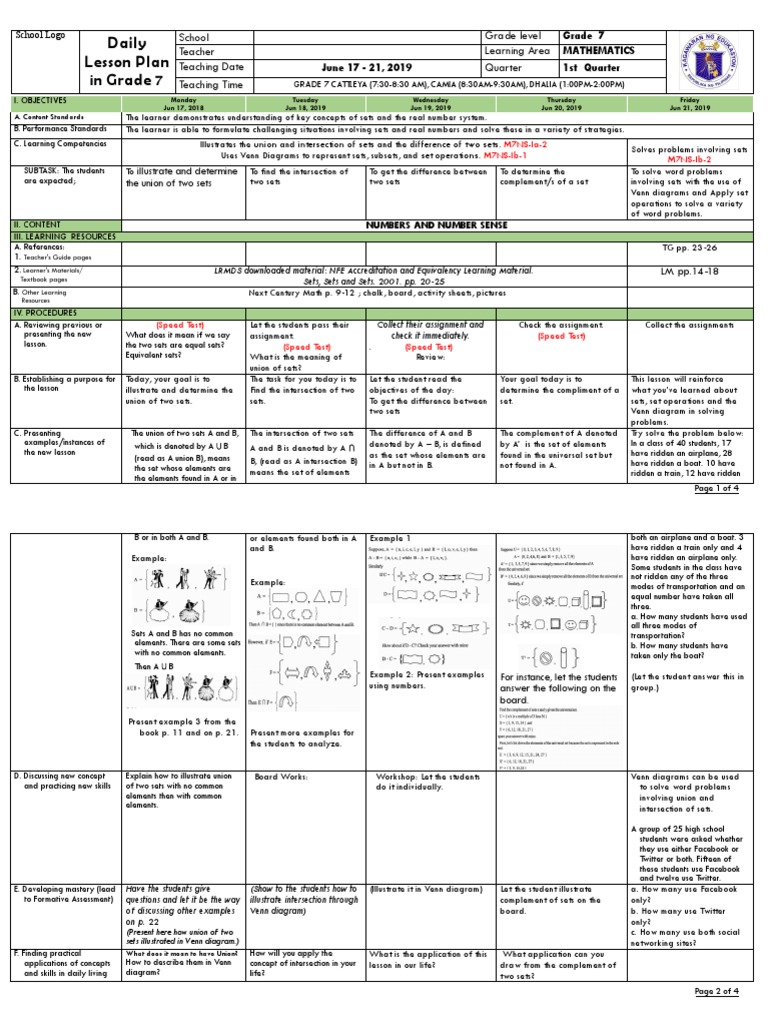 Daily Lesson Plan Grade 7: School Grade Level Teacher Learning Area ...