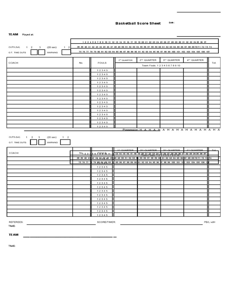 Basketball Score Sheet Template | PDF