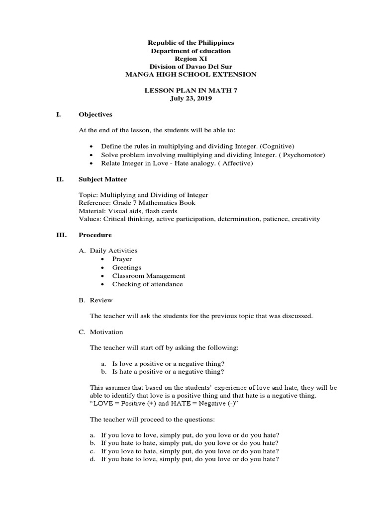 Lesson Plan Math 7 (2019) | PDF | Lesson Plan | Numbers