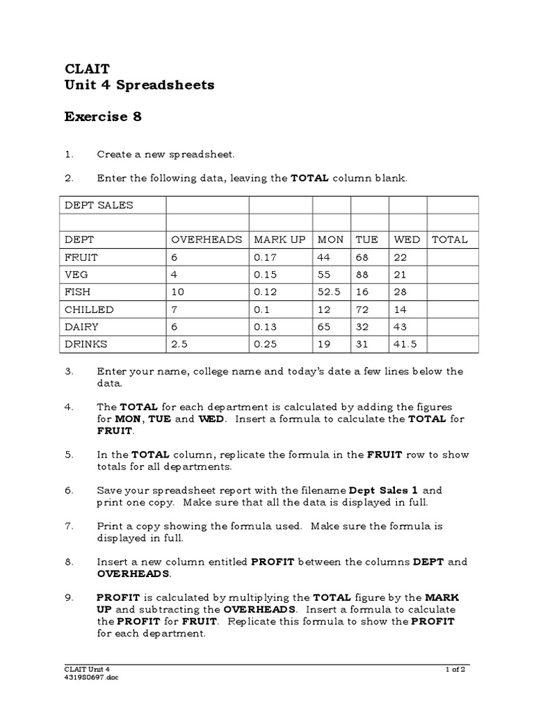 Clait Unit 4 Spreadsheets Exercise 8: Fruit | Download Free PDF | Spreadsheet | Numbers