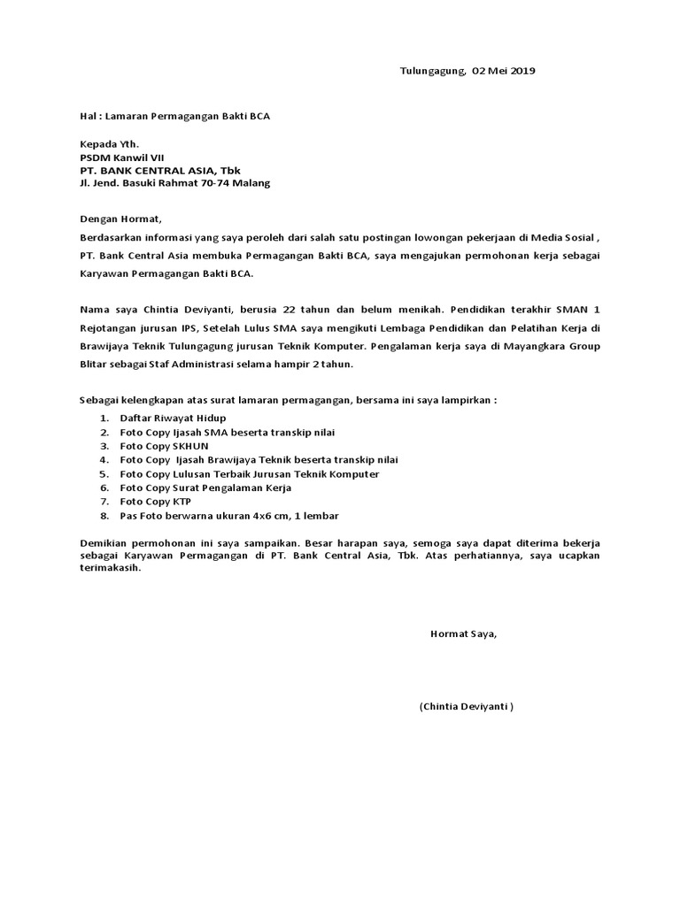 Contoh Surat Lamaran Magang Bakti Bca Pdf