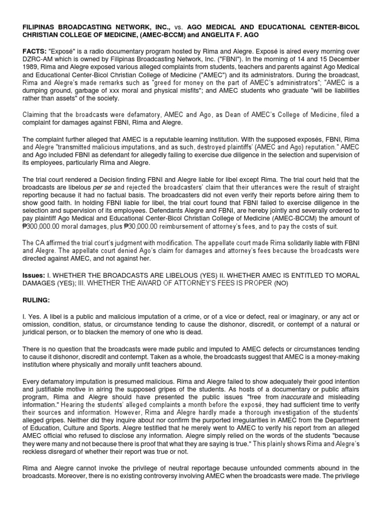 Filipinas Broadcasting Network, Inc., vs. Ago Medical and Educational ...