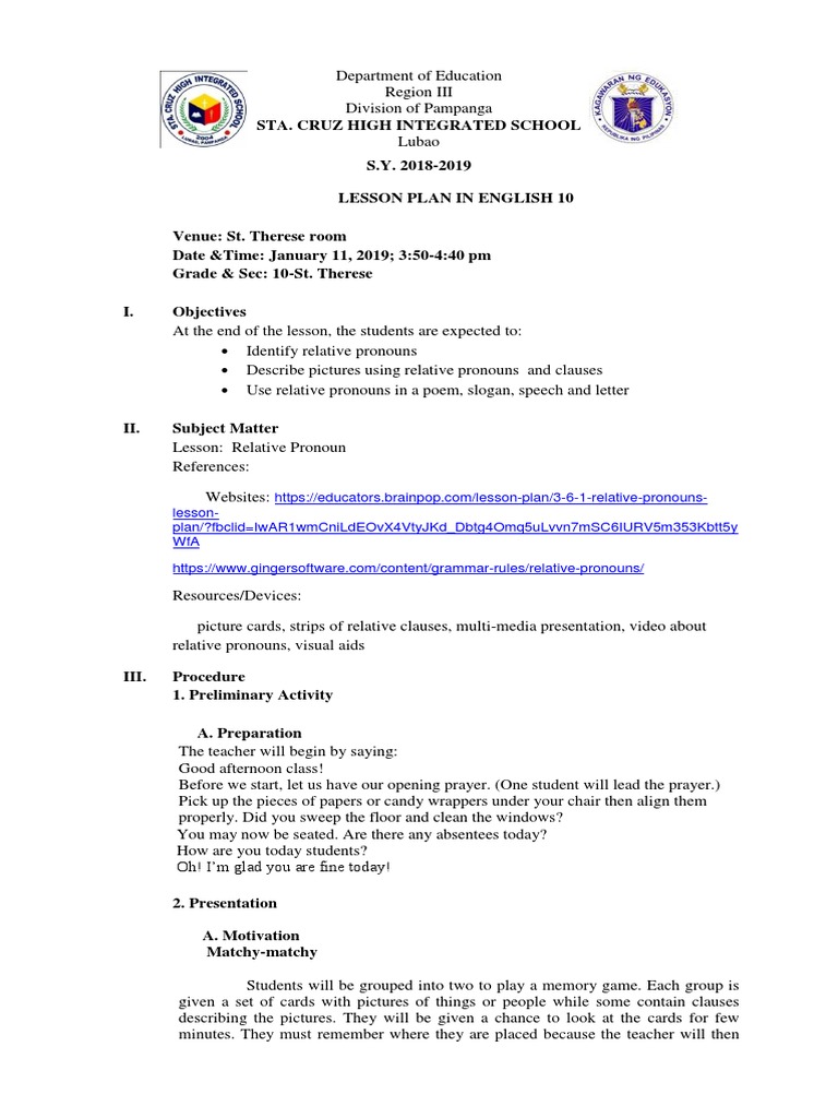 Lesson Plan: Relative Pronouns | PDF | Pronoun | Noun