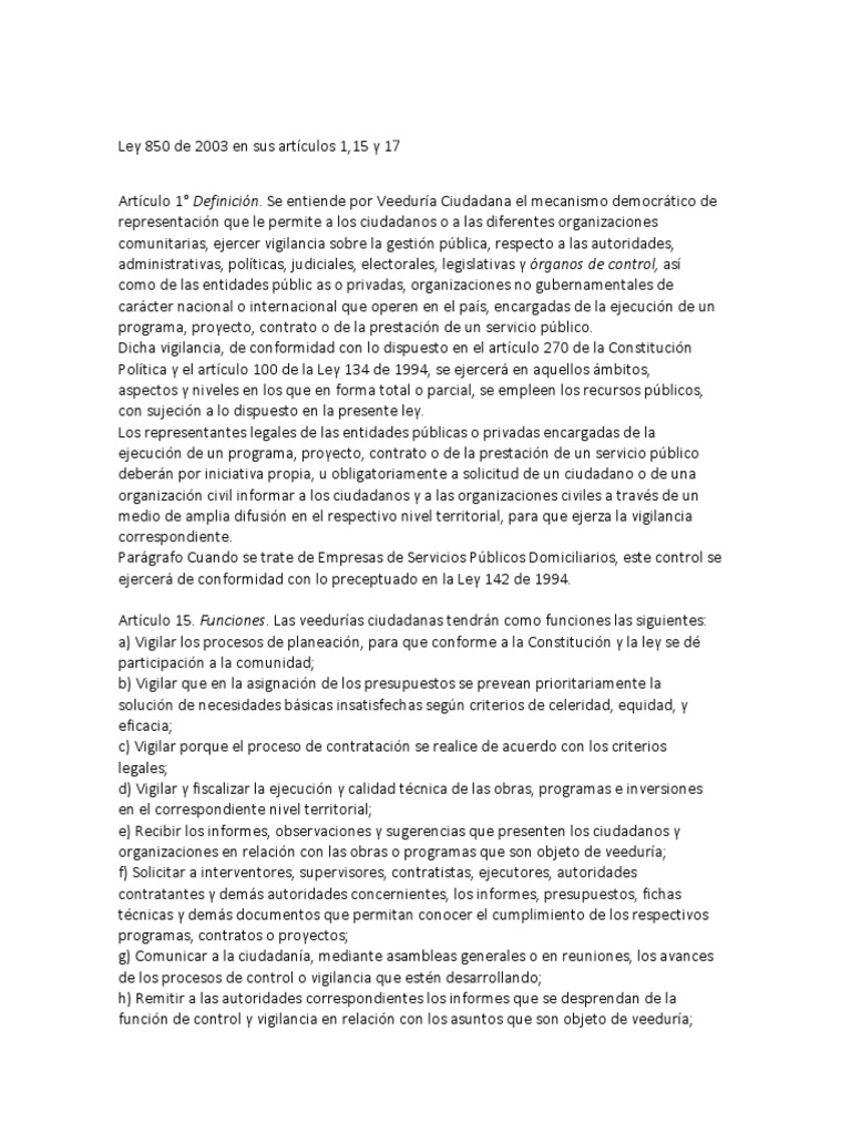Ley 850 de 2003 en Sus Artículos 1 | PDF | Organización no ...