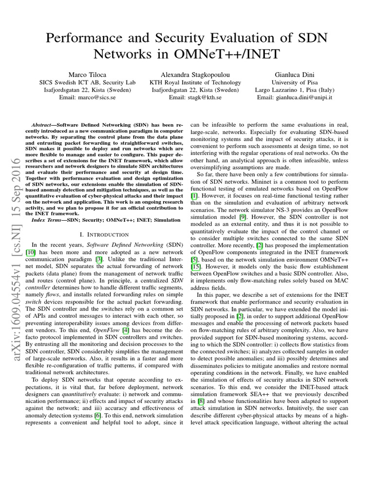 Performance and Security Evaluation of SDN Networks in Omnet++/Inet | PDF | Internet Protocol ...