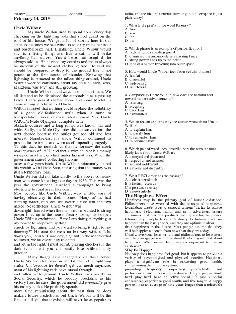 Reading Activity For Grade 11 | PDF | Happiness | Habits