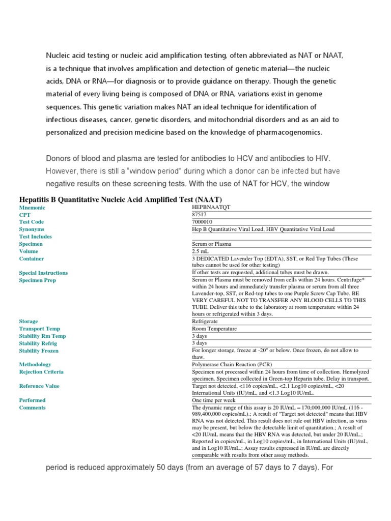 Hepatitis B Quantitative Nucleic Acid Amplified Test (NAAT) | PDF ...
