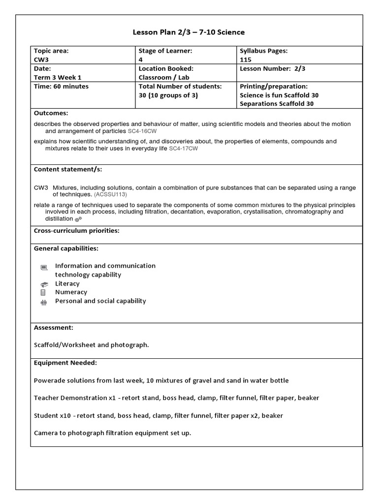 Grade 3 Science Lesson Plan: Separating Mixtures | PDF | Filtration ...