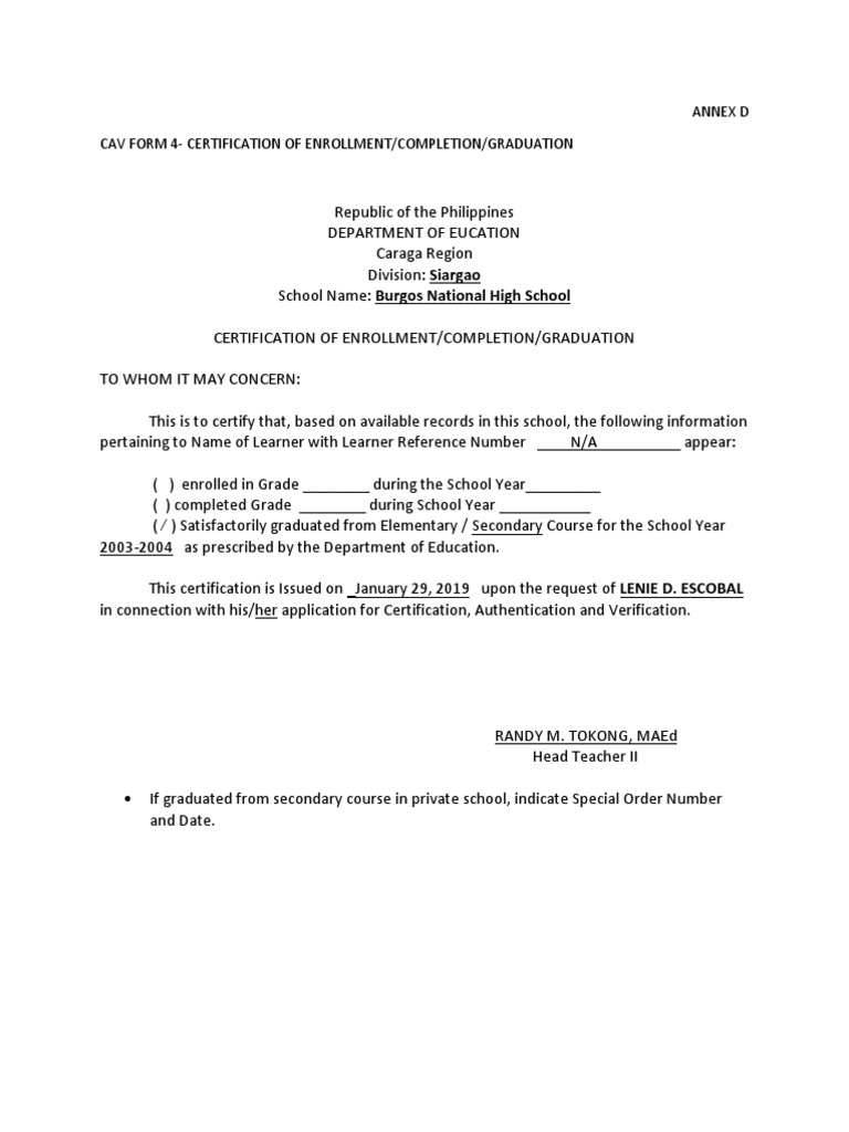 Annex D Cav Form 4-Certification of Enrollment/Completion/Graduation | PDF | Learning | Schools