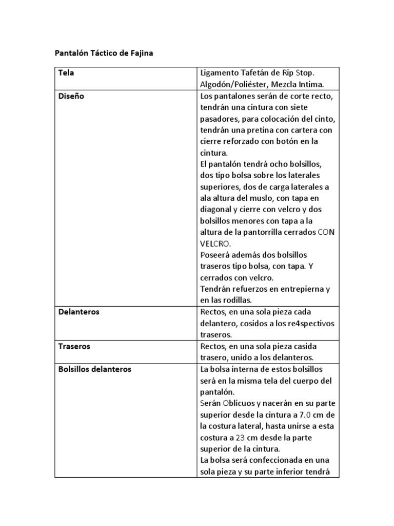 Pantalón Táctico de Fajina - Especificacion Tecnica | PDF | Pantalones ...