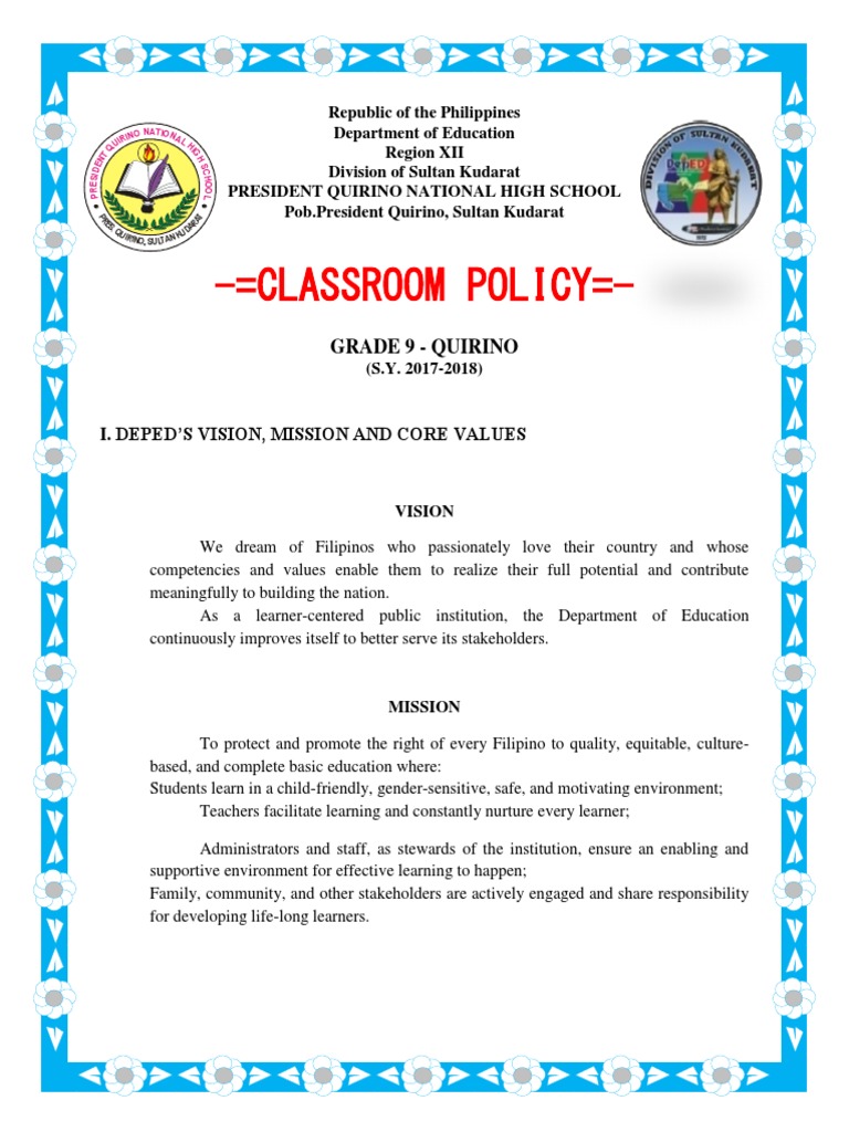 Classroom Policy - : Grade 9 - Quirino | PDF | Homework | Teachers