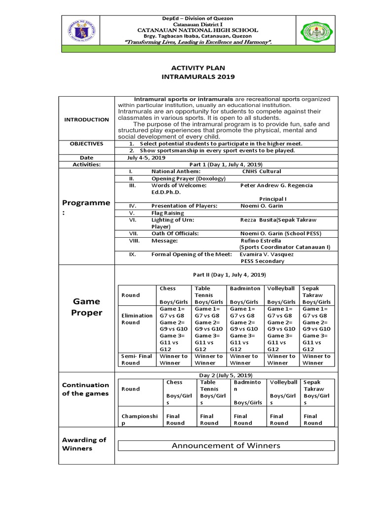 Game Proper: Activity Plan Intramurals 2019 | PDF | Sports | Leisure