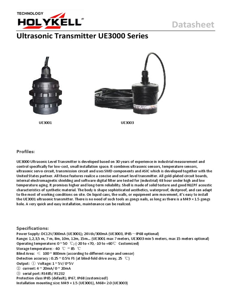 UE3000 Ultrasonic Transmitter Datasheet | PDF | Ultrasound | Sensor