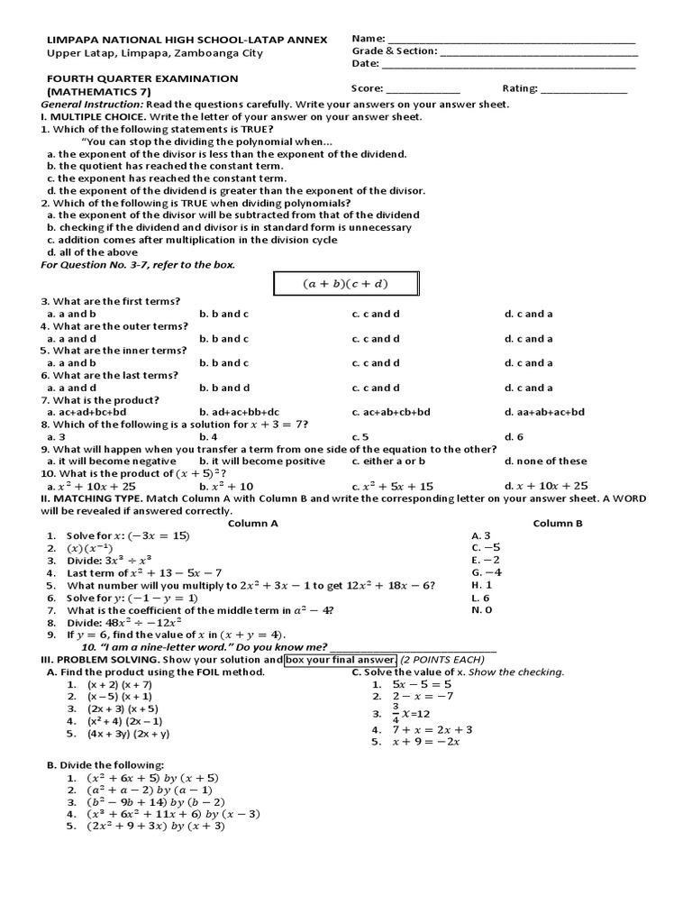 Mathematics Exam: Dividing Polynomials, Solving Equations, and the FOIL ...