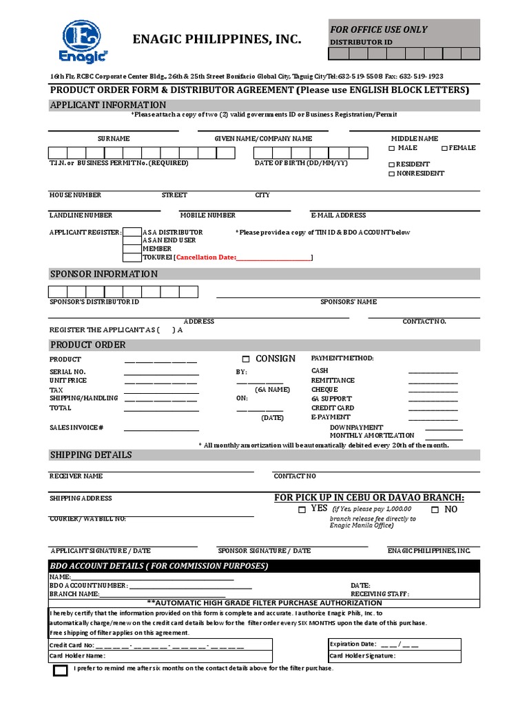 Enagic Order Form PDF | PDF | Confidentiality | Contractual Term