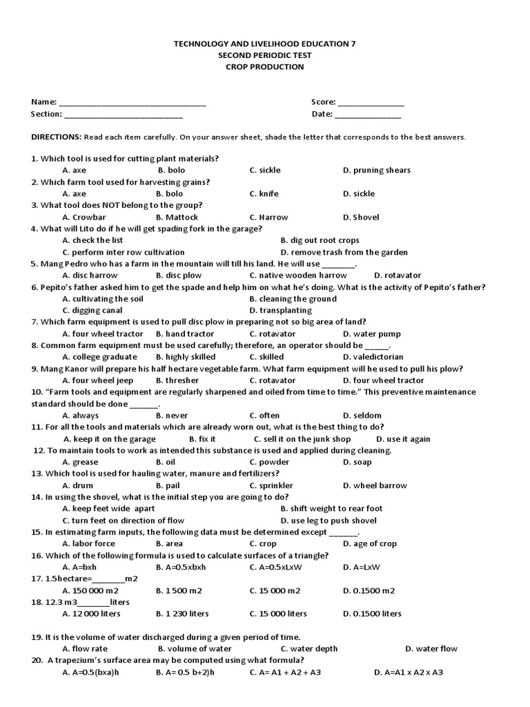 Periodical Test CROP PRODUCTION 7 | Agricultural Machinery | Seed