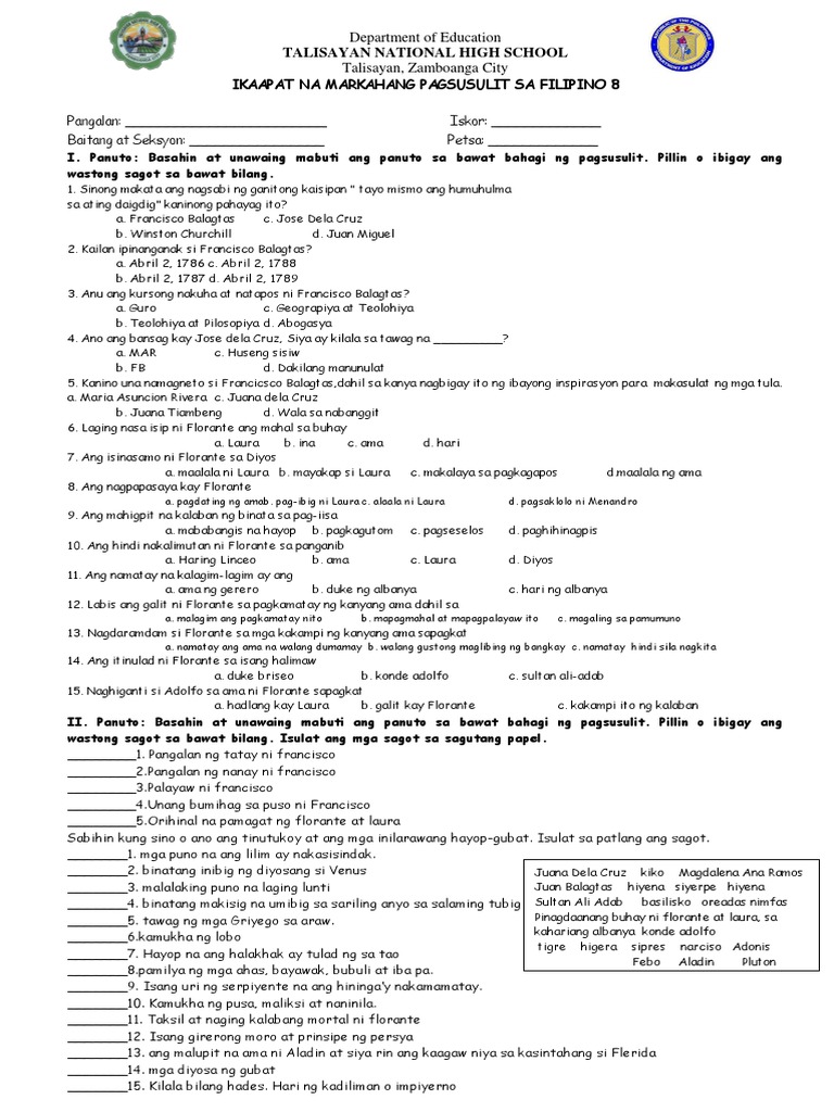 4th Quarter Fil8 Exam | PDF