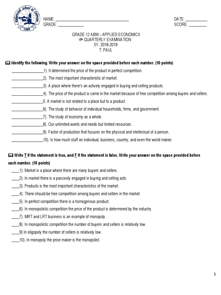 Grade 12 Applied Economics Exam | PDF | Monopoly | Economics