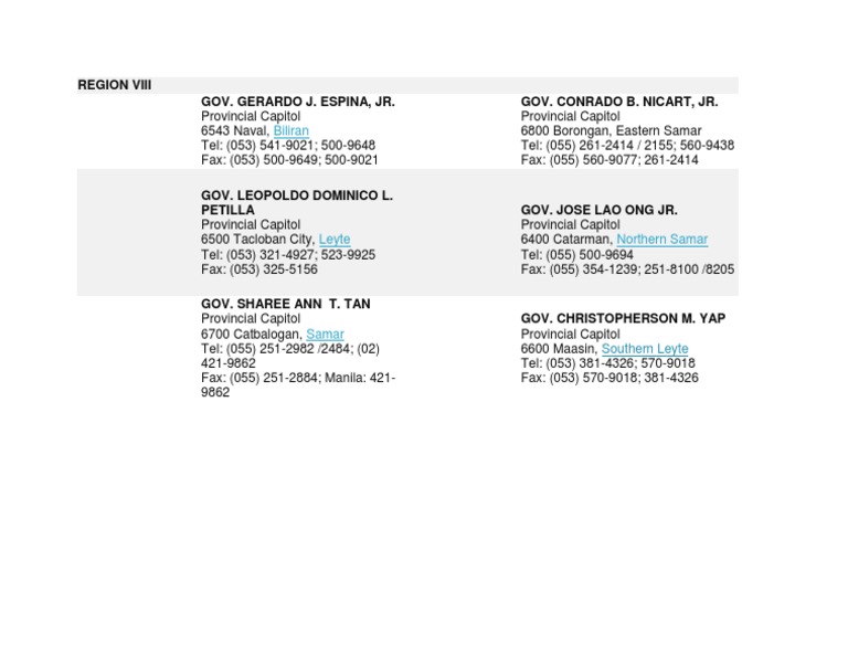 Region VIII Governors Contact List | PDF | Sports & Recreation