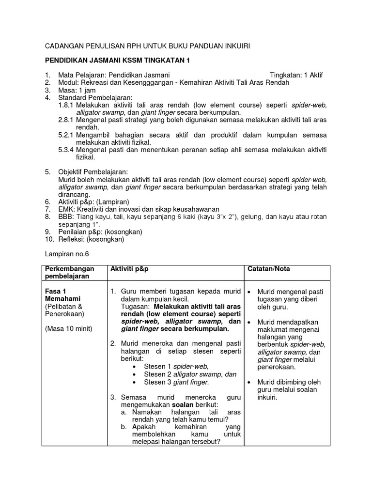 17.contoh RPH Inkuiri KSSM PJPK Komponen PJ Tingkatan 1 | PDF
