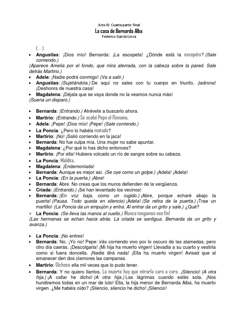 Acto III - La Casa de Bernarda Alba | PDF