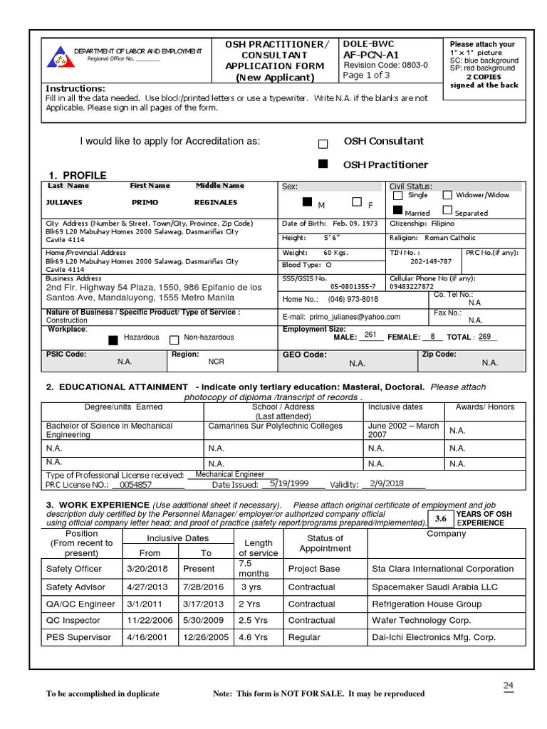 Application Form For Accreditation OSH Practitioner | PDF ...