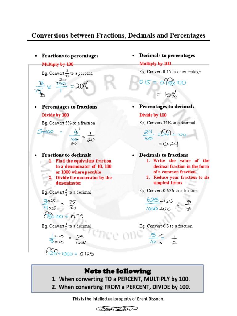 Conversions Between Fractions, Decimals and Percentages | PDF