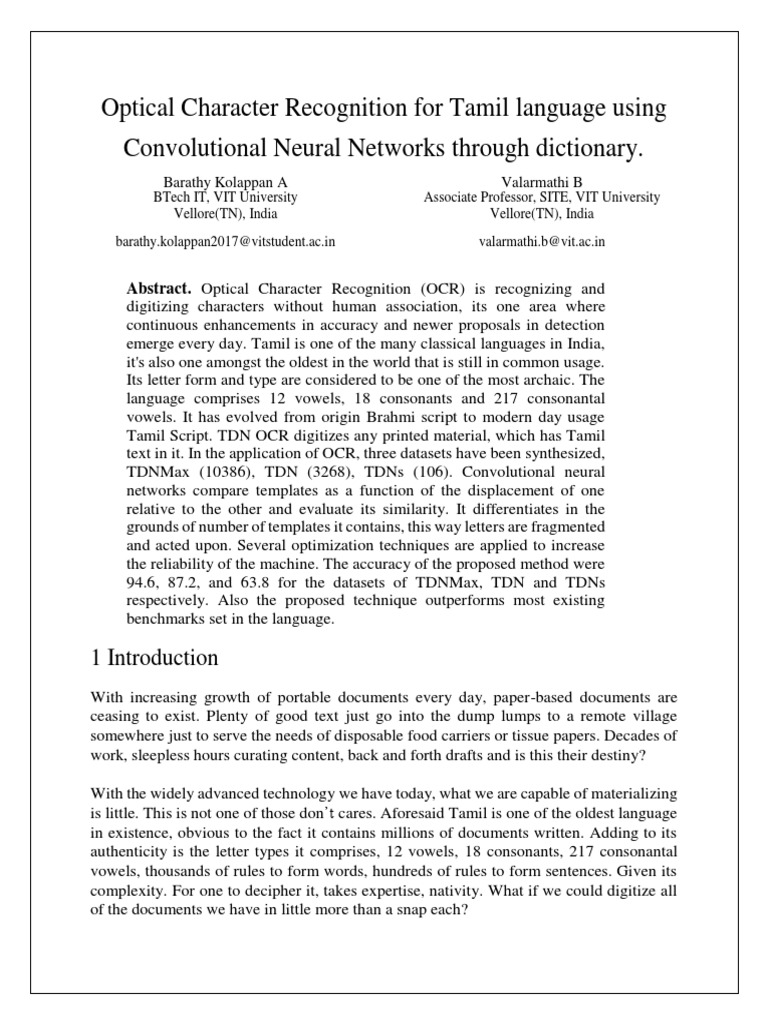 Tamil OCR with CNN Optimization | PDF | Optical Character Recognition ...