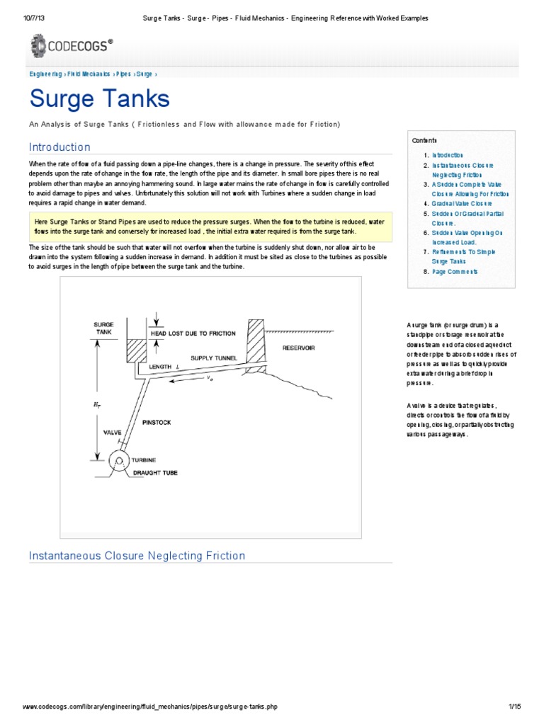 Analysis of Surge Tanks for Controlling Pressure Surges in Pipes Due to ...