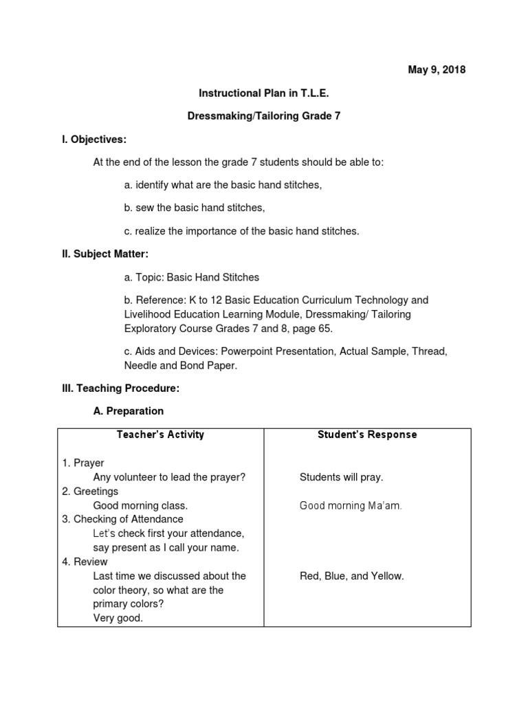Lesson Plan in Stitches | PDF | Seam (Sewing) | Behavior Modification