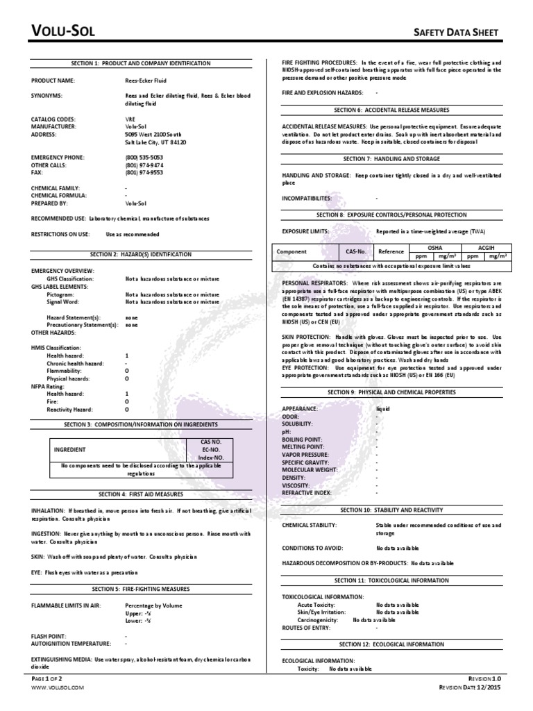 SDS Rees Ecker Fluid | PDF | Dangerous Goods | Safety